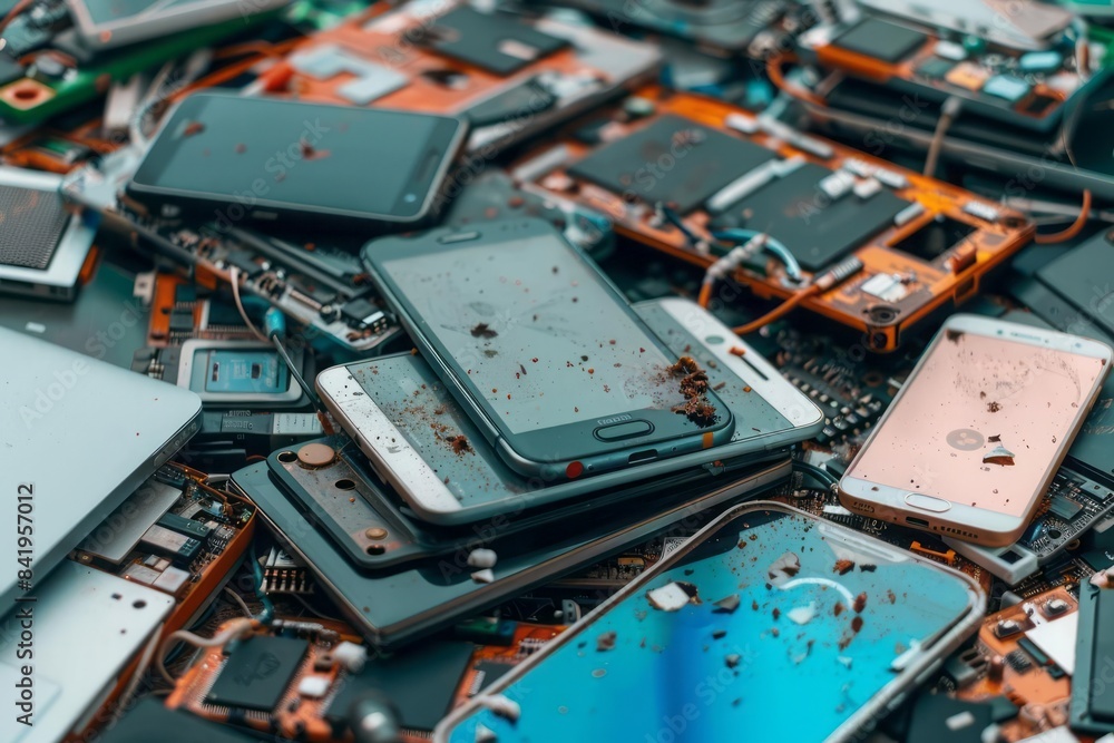A variety of electronic waste such as old smartphones and laptops ready ...