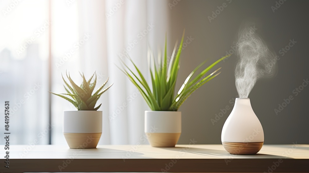 Aroma oil diffuser on table in modern home, steam rising from diffuser ...