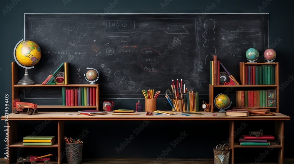 Assorted school supplies arranged over notepads in front of chalkboard ...