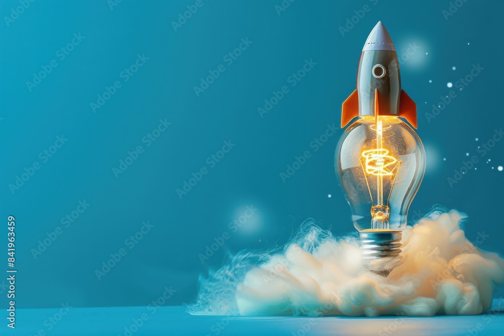 Rocket-shaped light bulb launching into the air, symbolizing creative ...