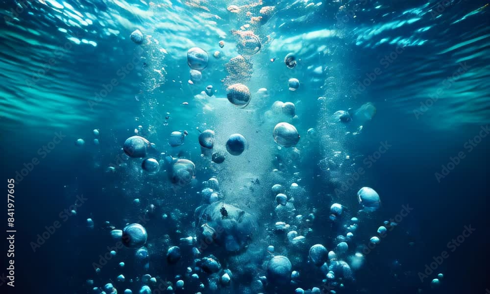 Bubbles underwater, rising towards the surface. The scene captures the ...