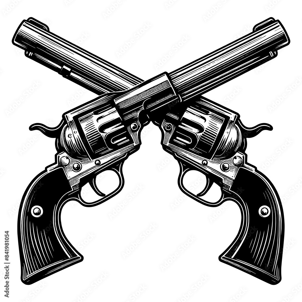 crossed vintage revolvers, rendered in high detail, symbolizing the old west and dueling times ...