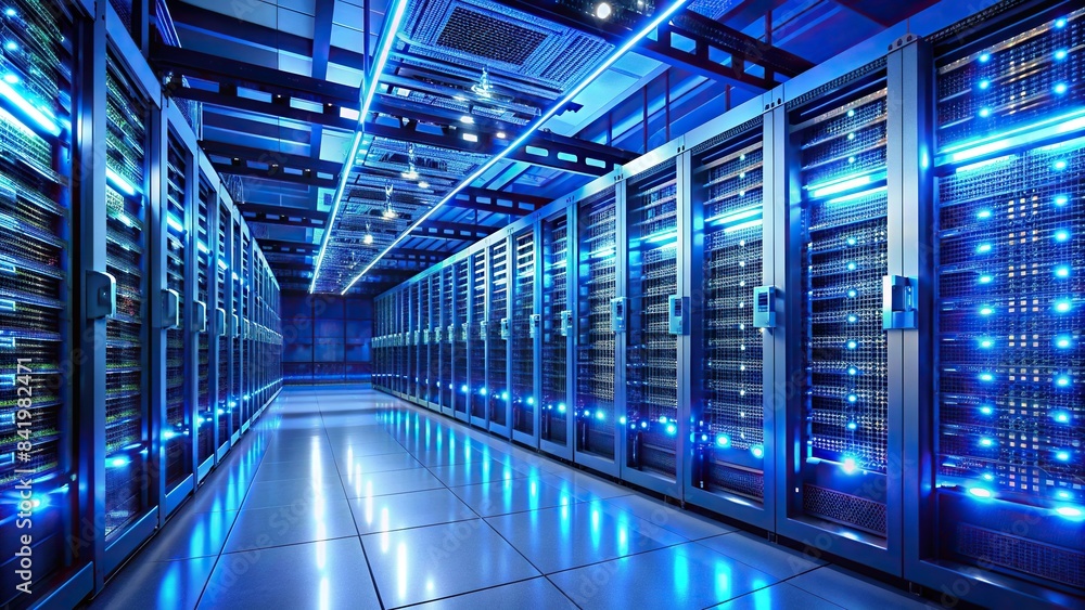 A modern data center with rows of servers, network switches, and fiber ...
