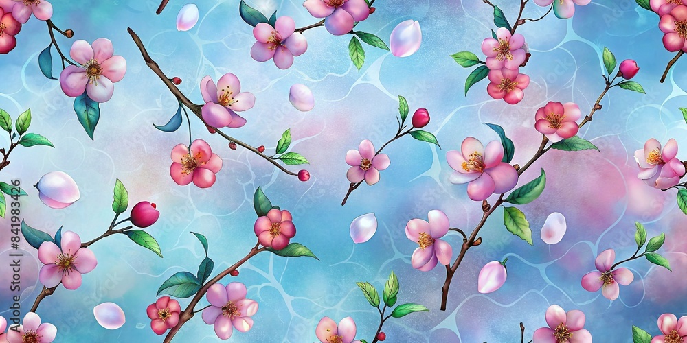ภาพประกอบสต็อก Seamless cherry blossom pattern on light blue background ...
