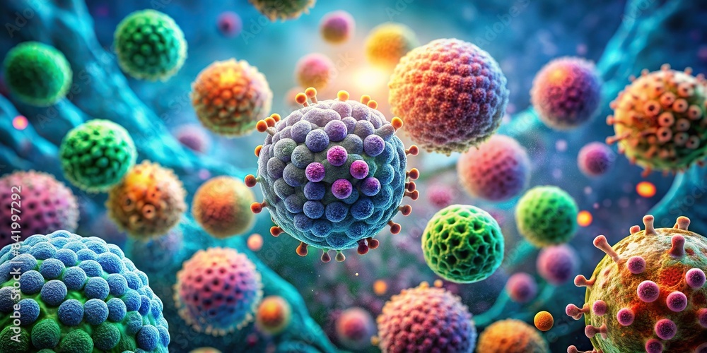Cancer cells viewed under a microscope. Detailed image showing abnormal ...