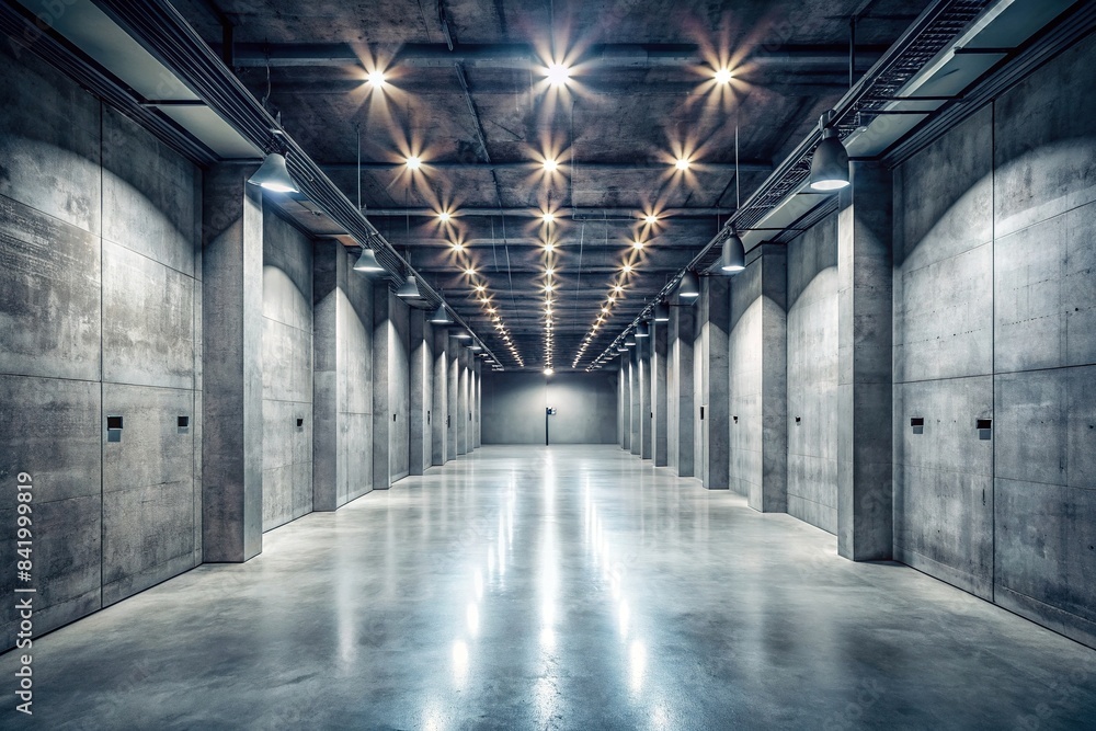 Modern industrial concrete hallway with stage lights in empty warehouse ...
