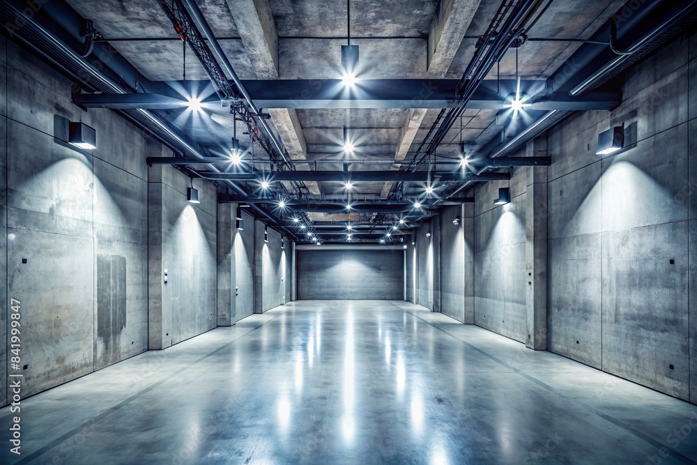 Modern industrial concrete hallway with stage lights in empty warehouse ...