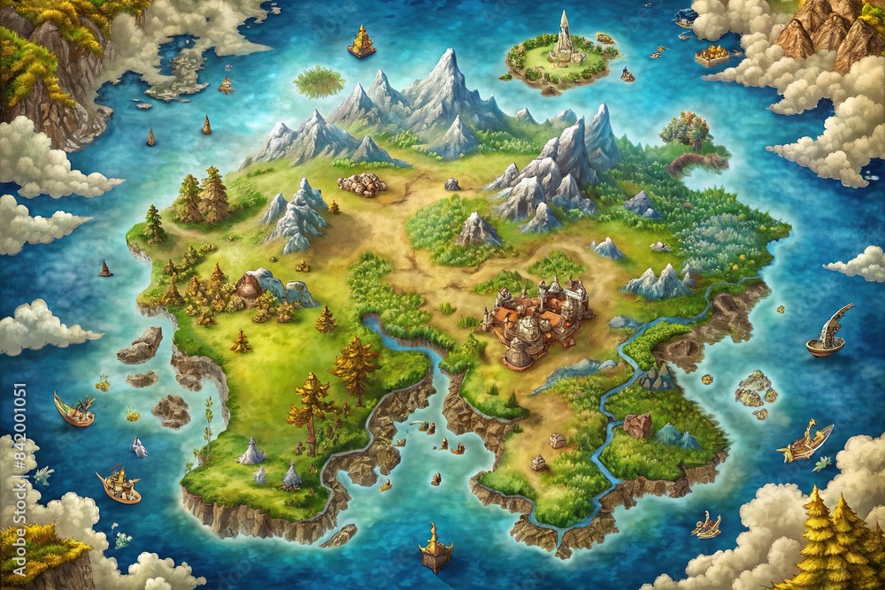Fantasy RPG map with intricate terrain and landmarks, fantasy, RPG, map ...