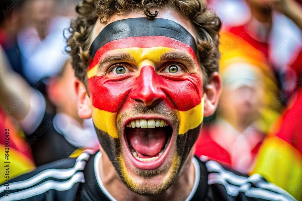 Football fan with Germany flag face paint cheering at stadium during ...