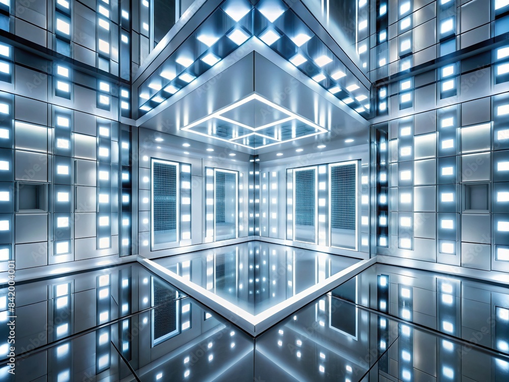 360 degree panorama of futuristic architecture studio with bright LED ...