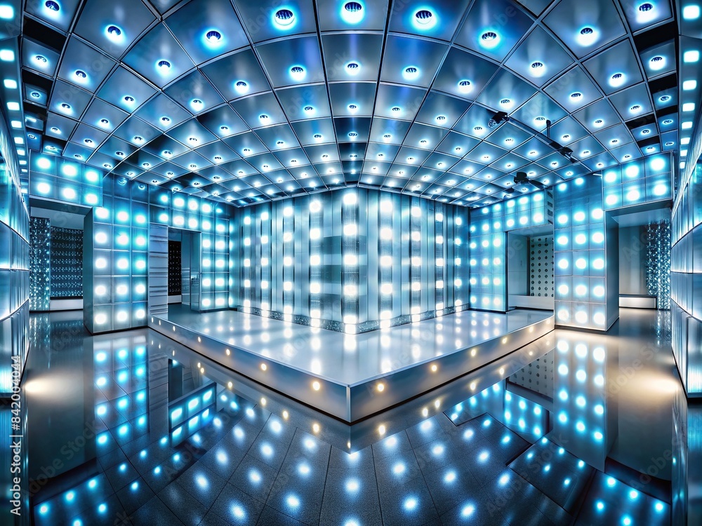 360 degree panorama of futuristic architecture studio with bright LED ...