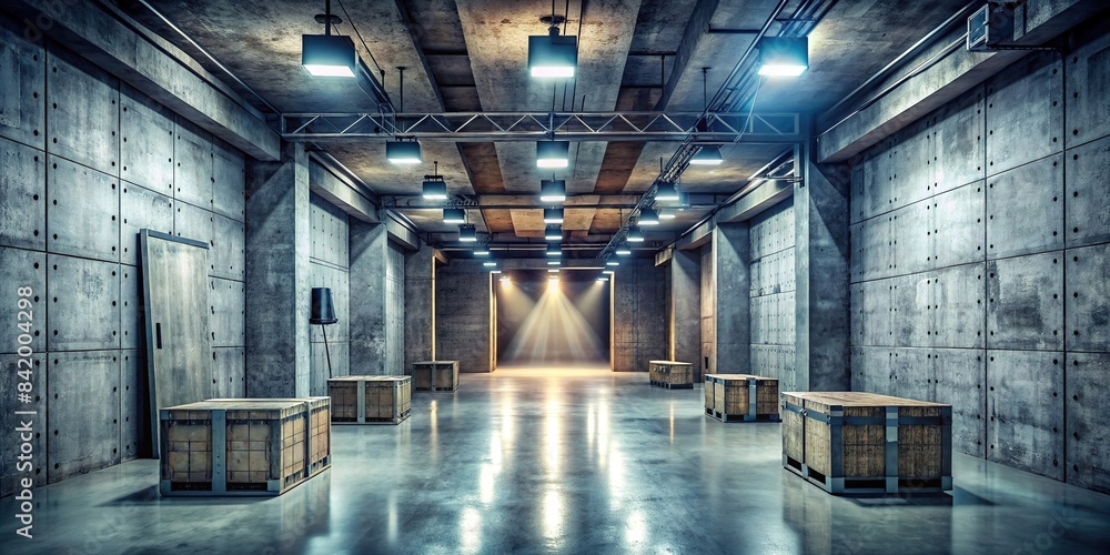 Modern underground bunker hallway with massive cement blocks, realistic ...