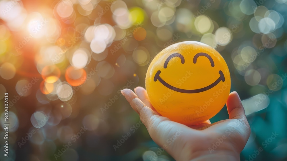 Hand holding a happy 3D smiley sphere emoji from above, bright and ...