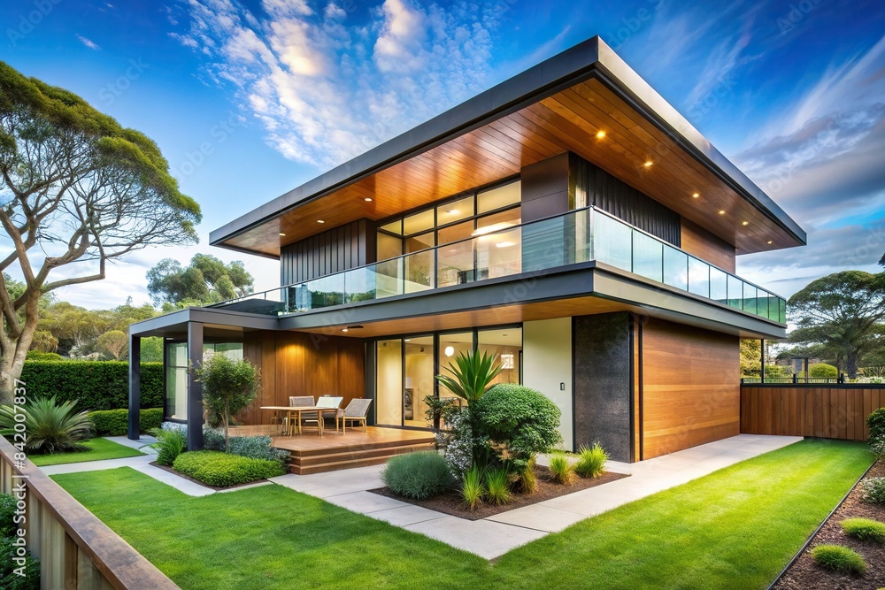 A sleek, modern Australian home with a cantilevered roof, timber ...