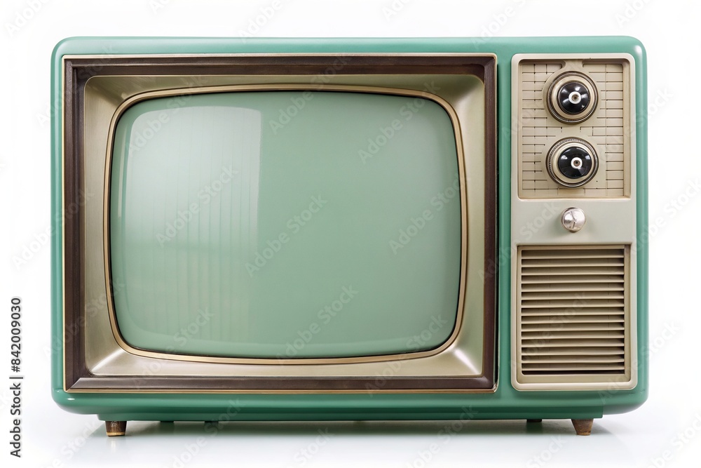 A vintage, mint green television set with a receiver, isolated on a ...