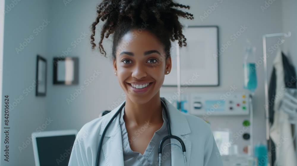A confident and professional female doctor is smiling in a modern ...