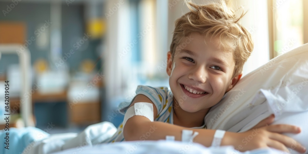 Focus a happy Child Put a plaster on the wound Elbow and smile look at ...