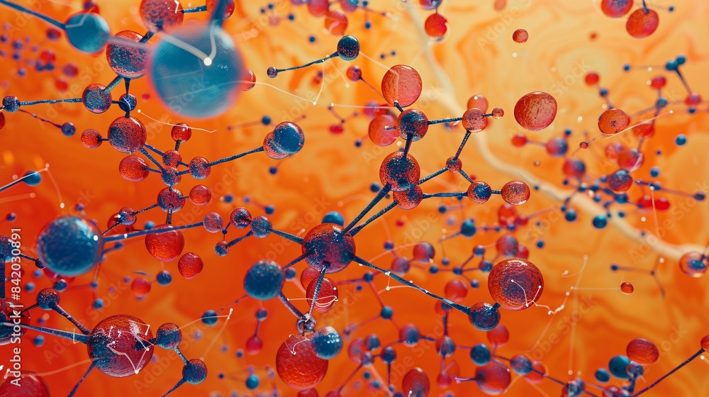 Polymer Structure With Orange Background, Red and blue molecular ...