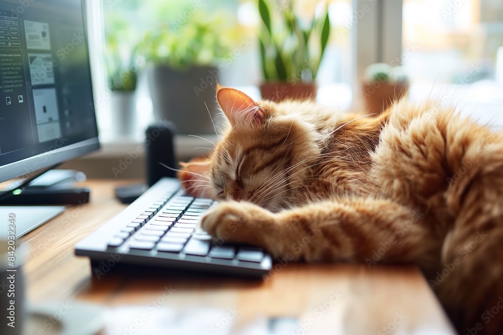 Cat sleeping on keyboard at desk, concept of tiredness and work-life ...
