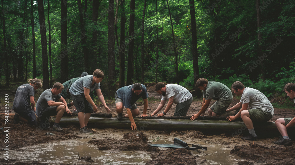 A group of people are working together to pull a log out of a muddy ...