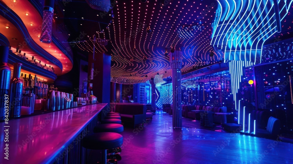Modern nightclub with vibrant neon lights and futuristic interior ...