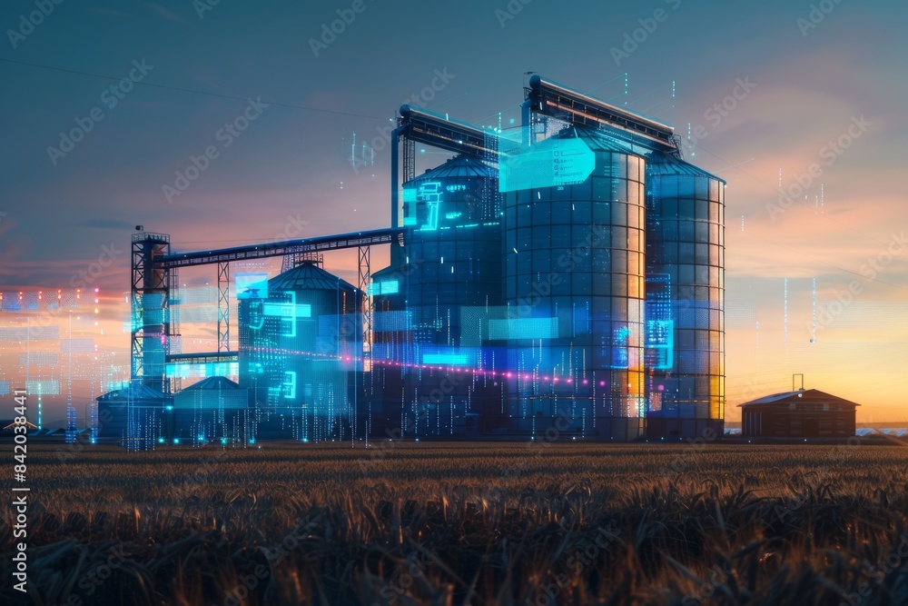 Futuristic high-tech grain storage silos illuminated by digital ...
