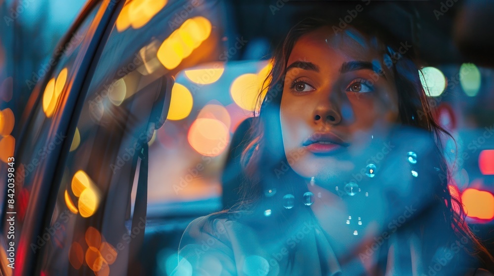 Dreamy woman looking out a car window with colorful city lights ...