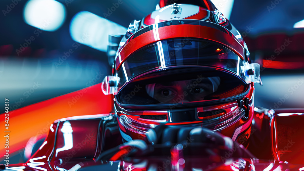 racing car driver before start of competition on track. Banner with ...