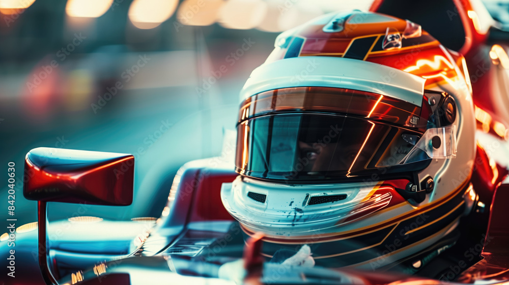 racing car driver before start of competition on track. Banner with ...