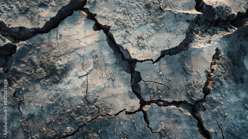 Ground cracks top view, earthquake cracking holes, ruined land surface ...