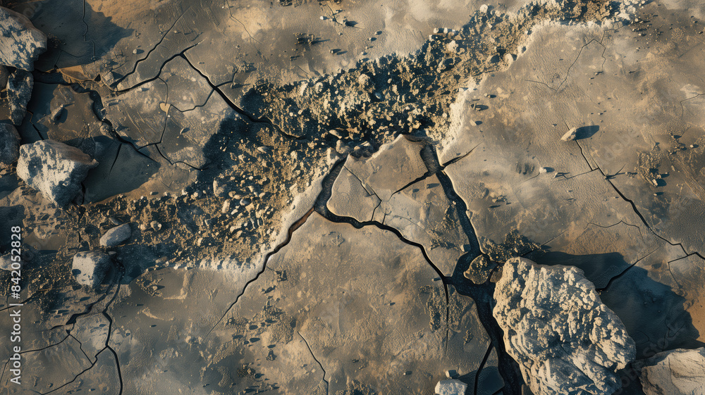 Ground cracks top view, earthquake cracking holes, ruined land surface ...