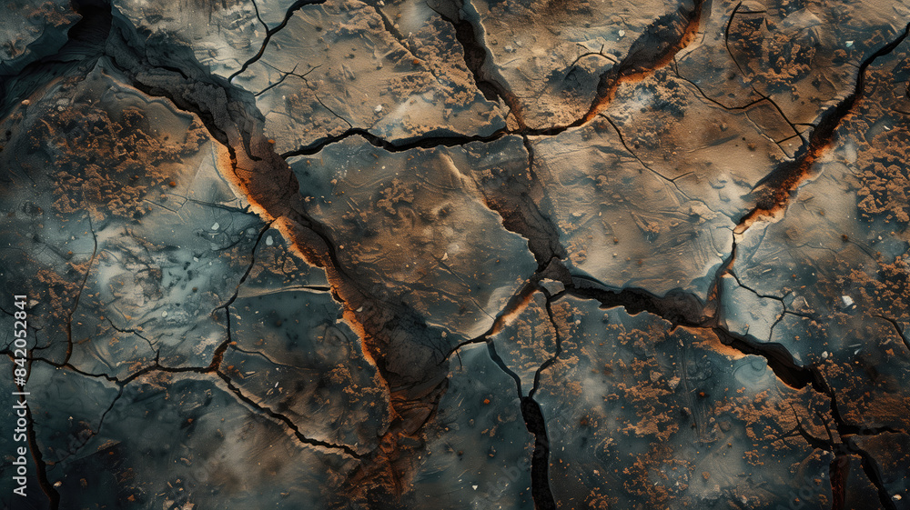 Ground cracks top view, earthquake cracking holes, ruined land surface ...