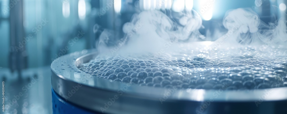 Liquid nitrogen tank with suspended cells, close-up, photorealistic ...