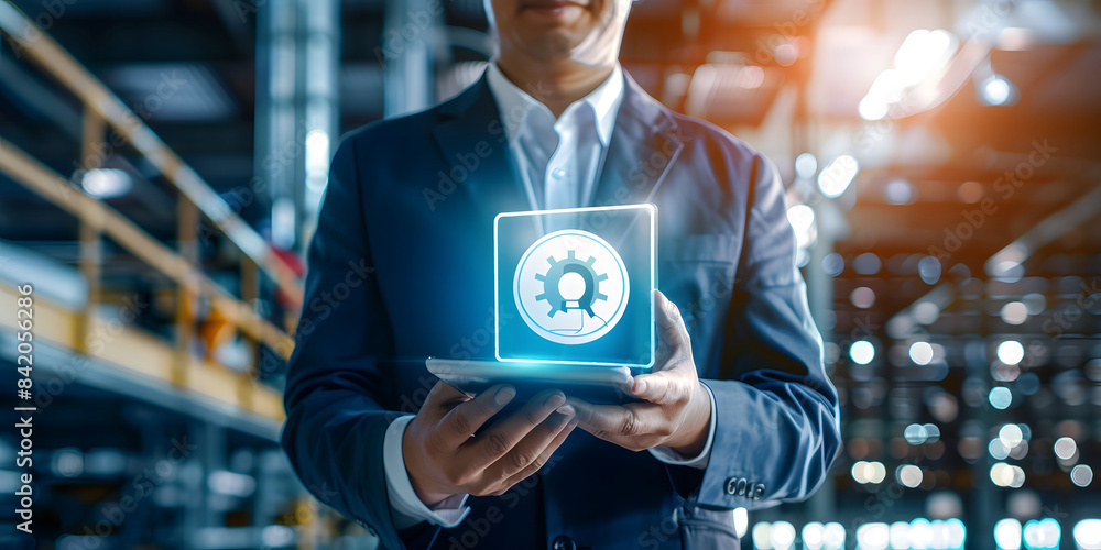 Work safety concept. Businessmen hold virtual safety icons for working ...