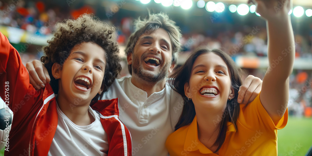Excited parents and kids celebrating the victory of their team. Sports ...