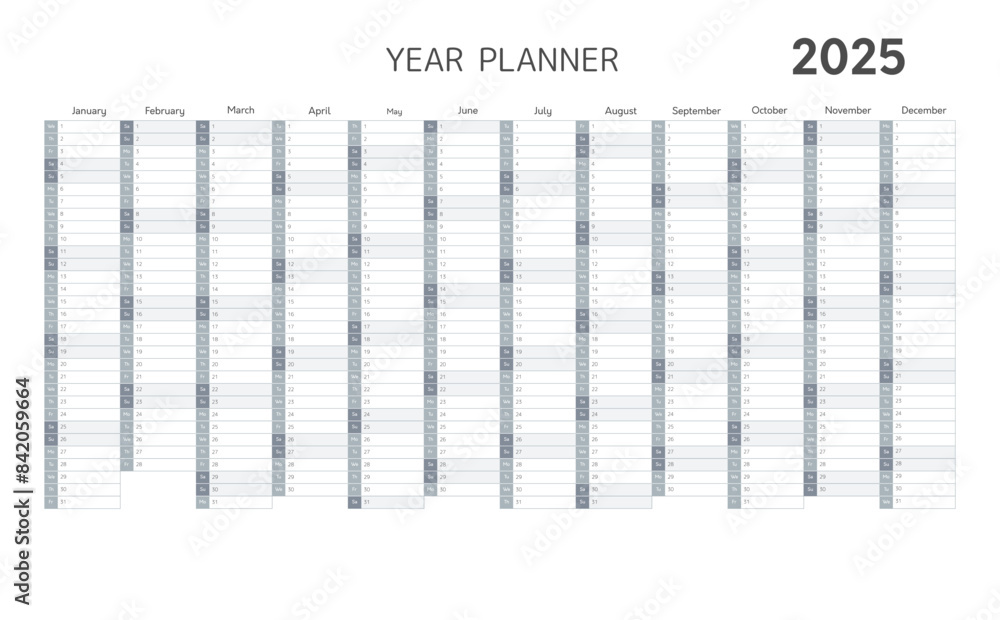 2025 year planner, wall or desk calendar in gray colors. Blank planner ...