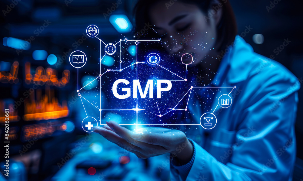 Good Manufacturing Practices GMP concept. Holographic projection ...