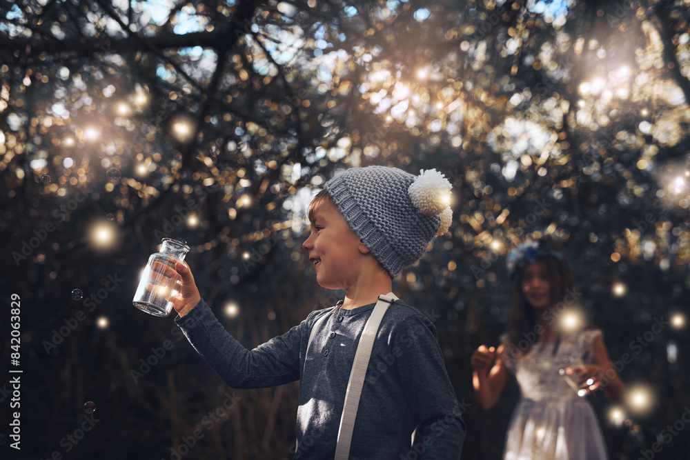 Fireflies, jar and outdoor in nature at evening time with glow, shine ...