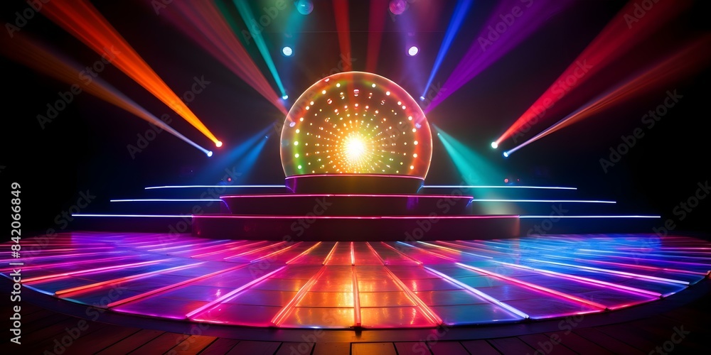 Shimmering Disco Ball and Neon Lights on a 1970s Disco Stage. Concept ...