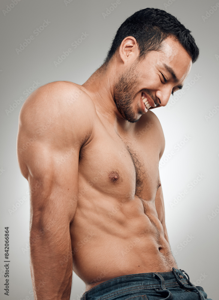 Man, thinking and confident in studio with abs or muscles, shirtless ...