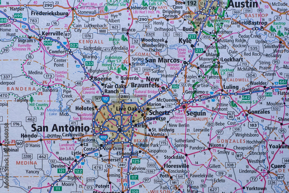 Road map of the section of Texas between San Antonio and Austin. Stock Photo | Adobe Stock