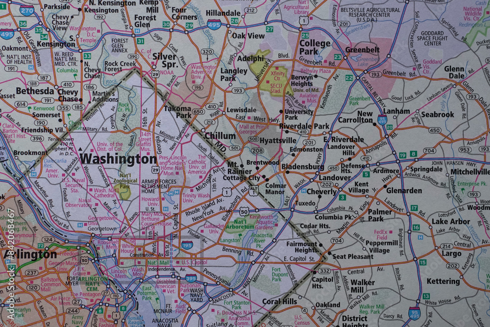 Road map of Washington, DC and the surrounding Maryland suburbs. Stock ...