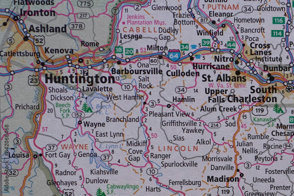 Road map of West Virginia showing the section of Interstate 64 from ...
