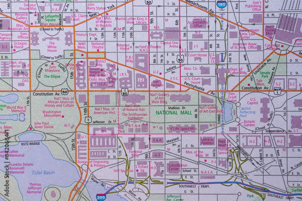 Road map of the National Mall area of Washington, DC including The ...