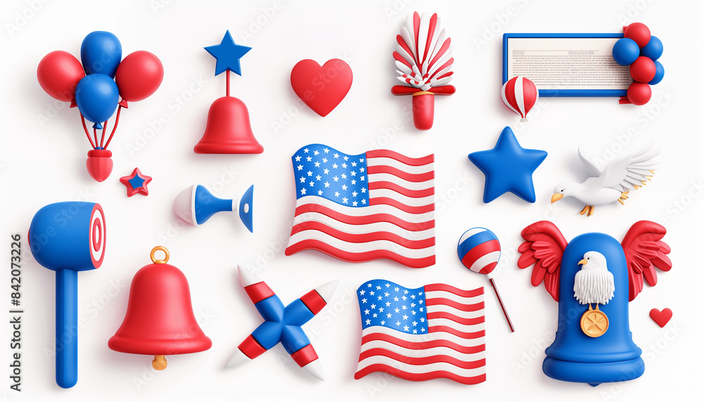 4th of July - Set of patriotic inspired icons in 3D - American Flag ...