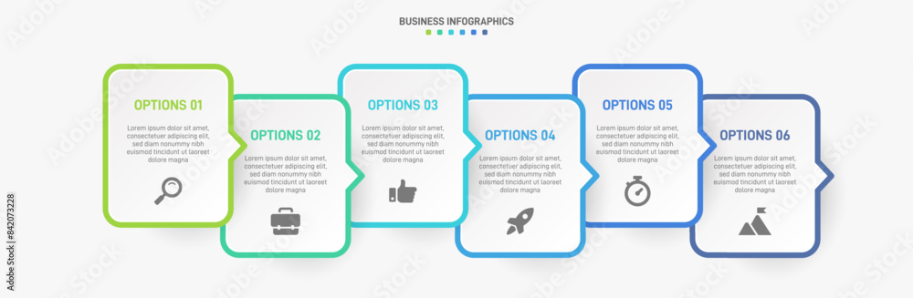 Horizontal progress bar featuring 6 arrow-shaped elements, symbolizing ...