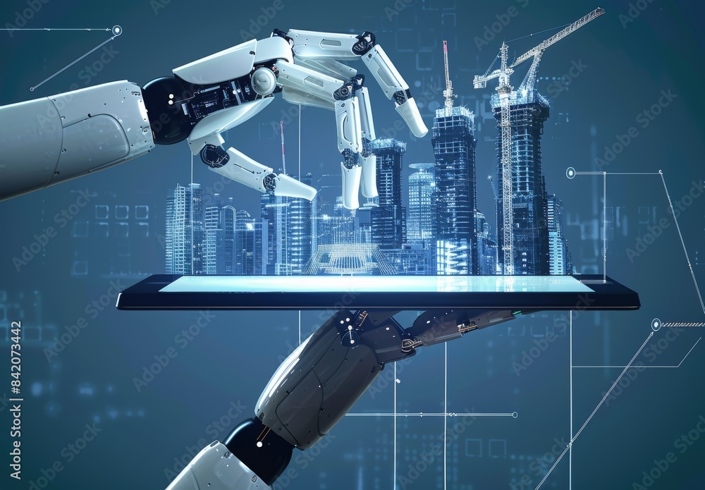 Photo of an AI robot's hand holding an empty tablet displaying a ...