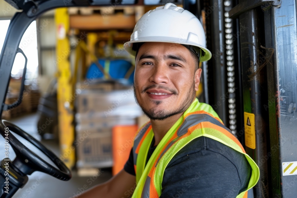 A construction worker, wearing safety gear, happily operates a forklift ...