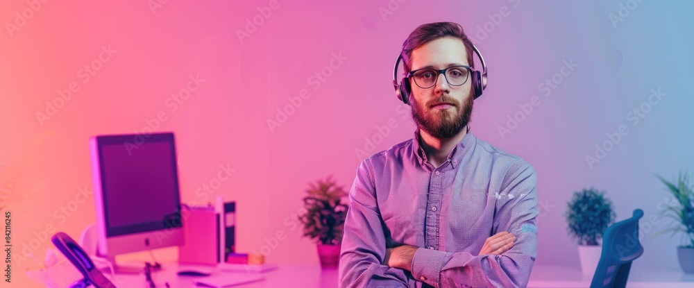 Confident male software engineer wearing headphones and glasses ...