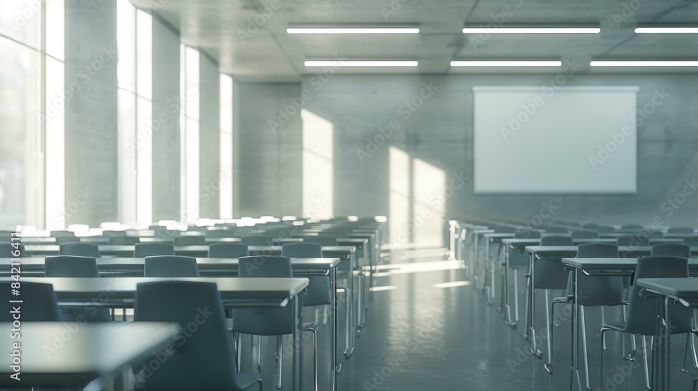 Empty modern classroom with rows of desks and large windows, natural ...